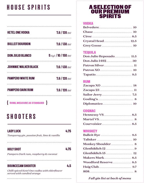 Menu at Bounce Farringdon pub & bar, London, 121 Holborn