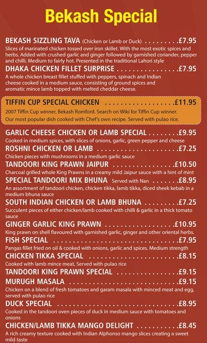 Menu at Bekash restaurant, Romford, 70 Victoria Rd