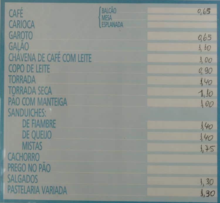 Menu at Maria Cafe, Lisbon