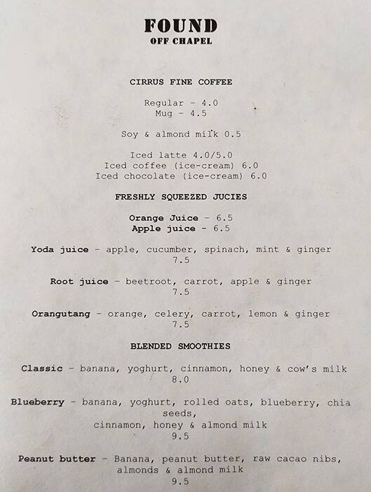 Menu at Found off Chapel restaurant, South Yarra