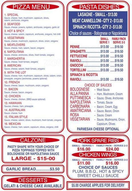 Menu at Mondo Pizza pizzeria, Flinders Park