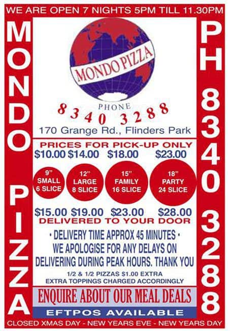 Menu at Mondo Pizza pizzeria, Flinders Park