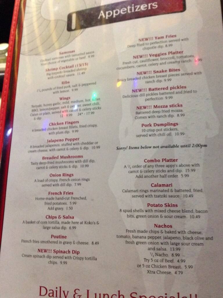 Menu at Koko's Restaurant and Sports Bar, Calgary