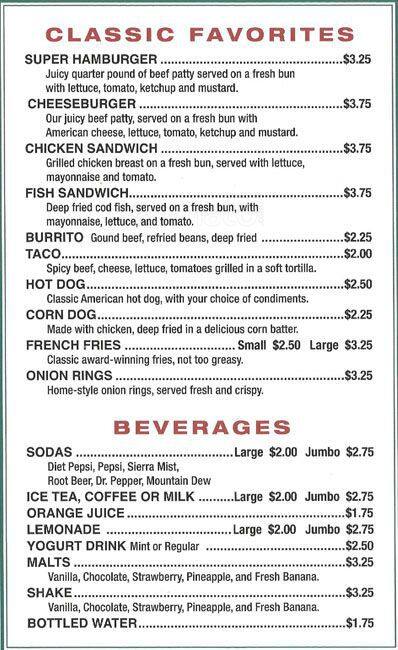 Menu at Falafel's Drive In fast food, San Jose