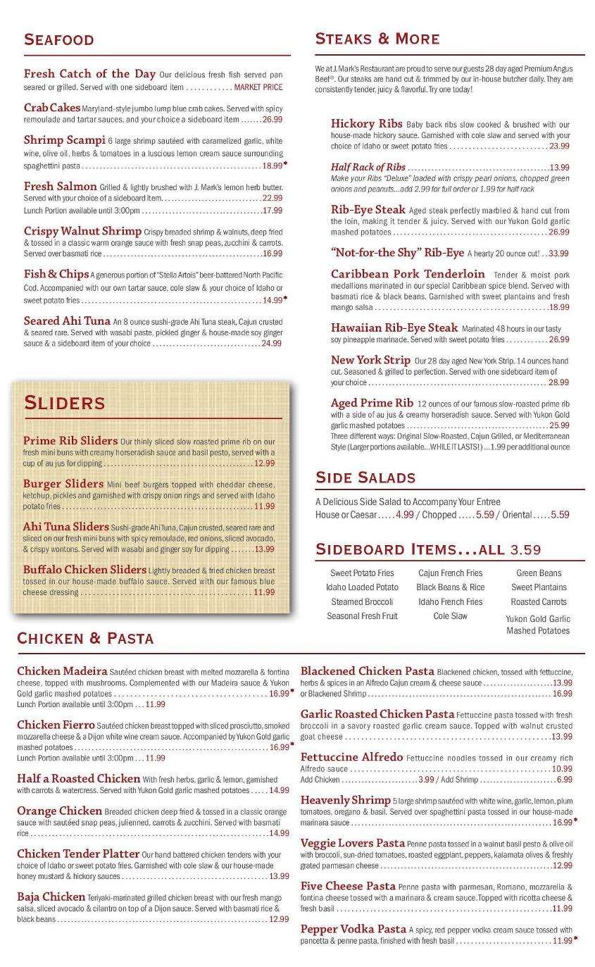 Menu at J.Mark's Restaurant, Fort Lauderdale