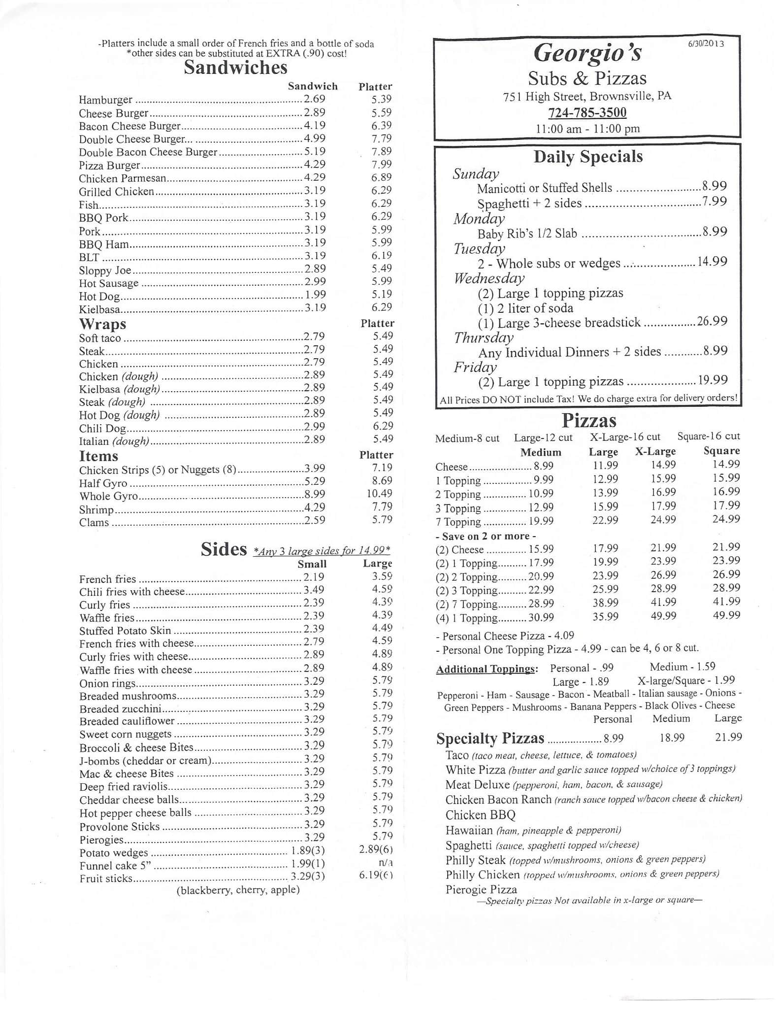 Georgio's Subs & Pizzas Menu - Urbanspoon/Zomato