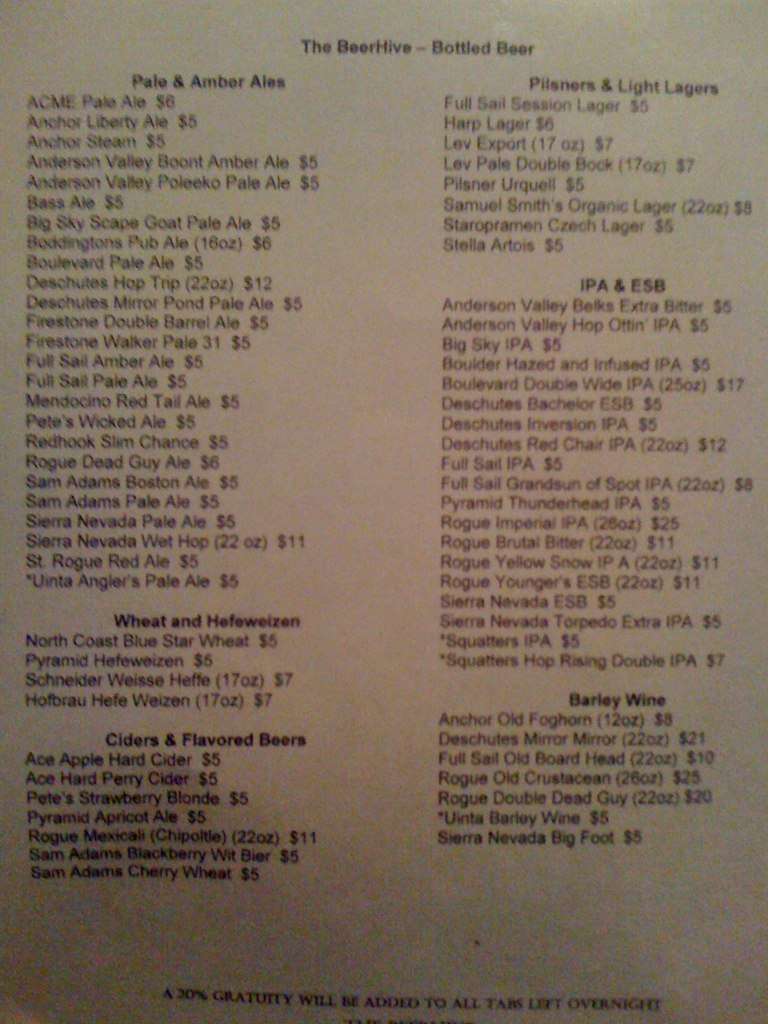 Menu at Beerhive Pub, Salt Lake City