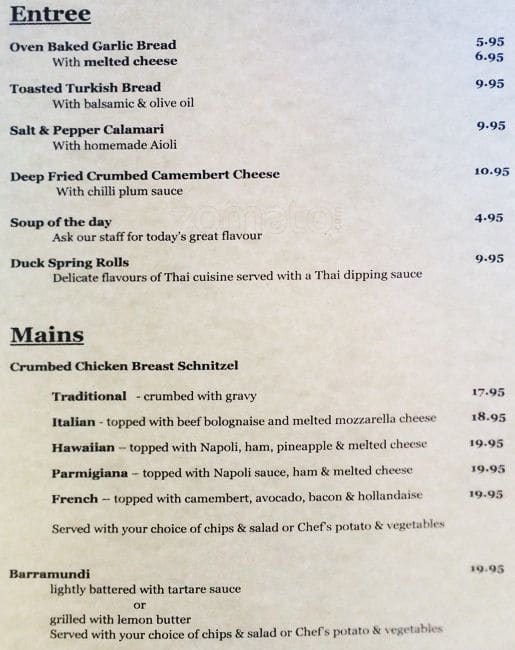 Menu at Options Tavern restaurant, Helensvale