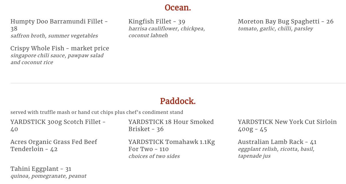 Menu at Eden's Table - The Westin, Brisbane City