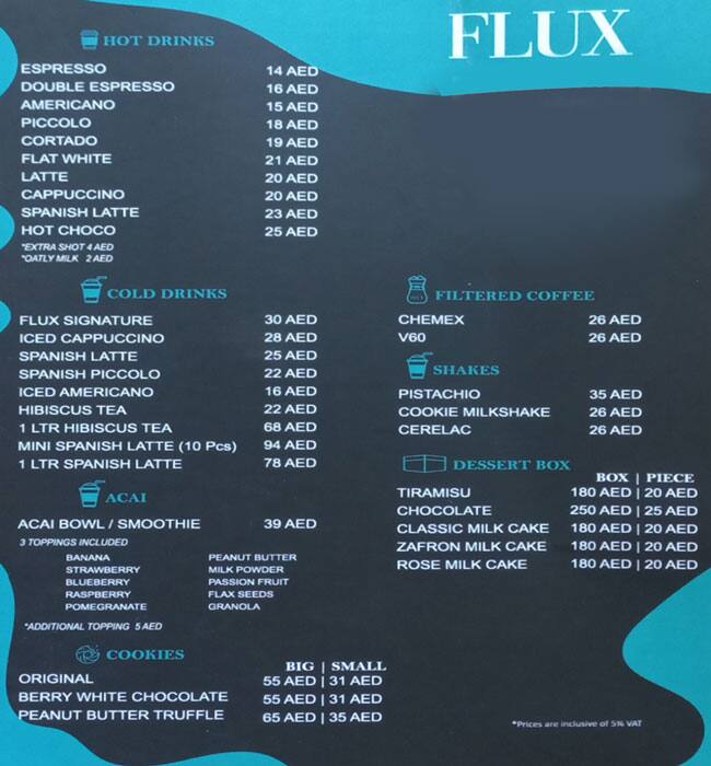 Menu at Flux cafe, Sharjah