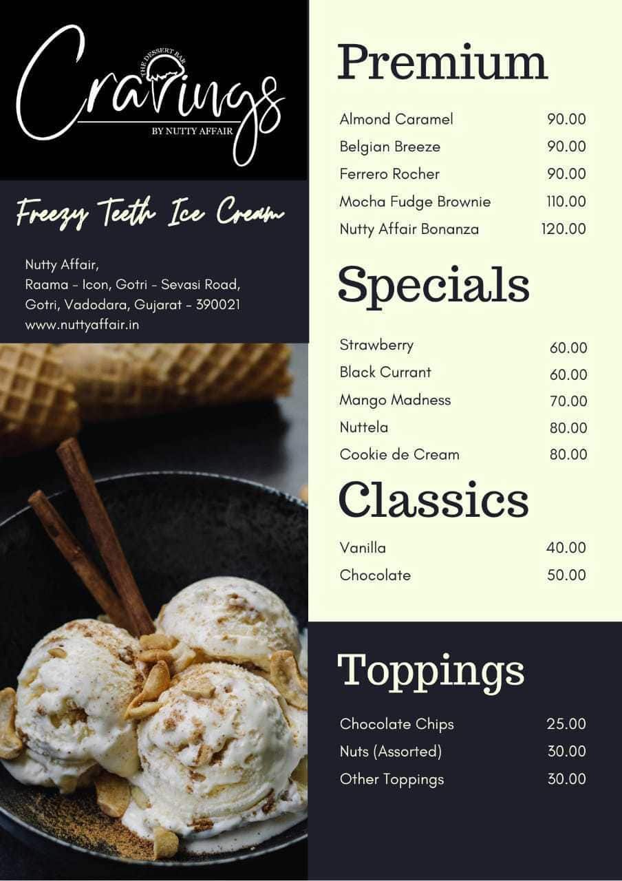 Menu of Nutty Affair, Vadiwadi, Vadodara
