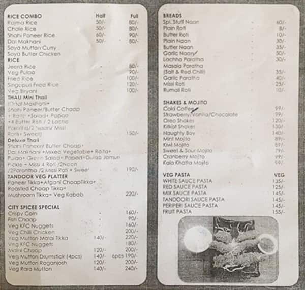 Menu at City spicee sec 16, Faridabad