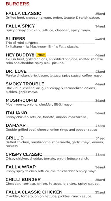 Menu of Falla, University City, Sharjah