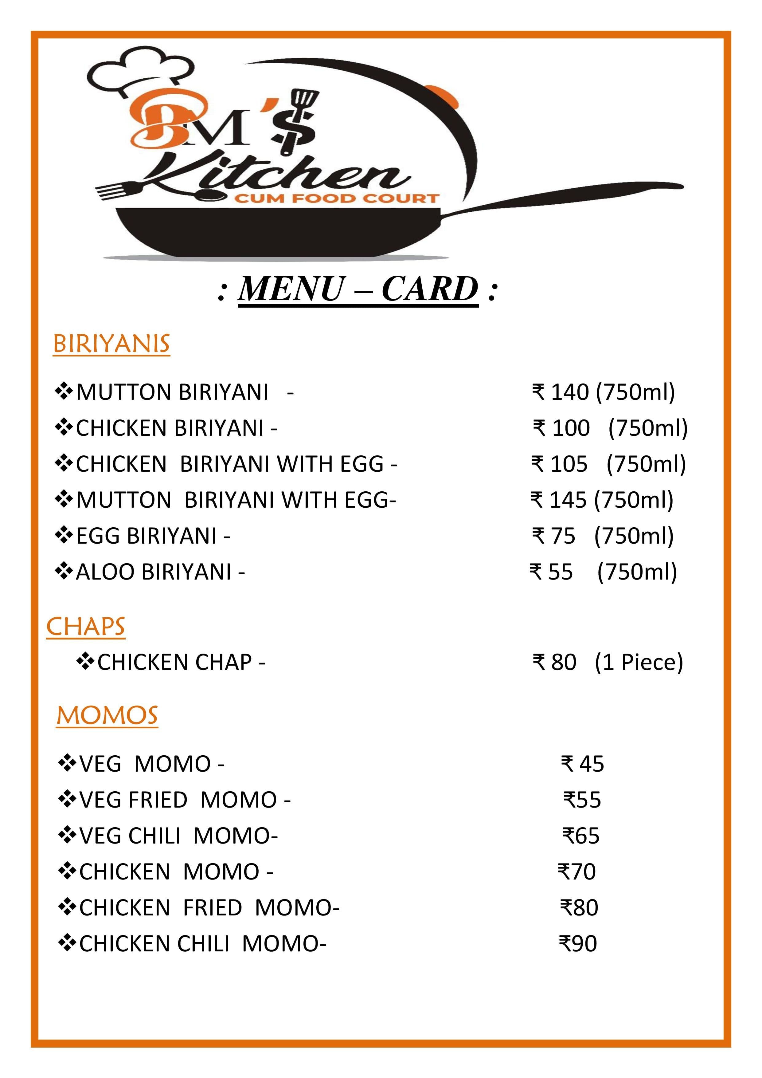 Menu of BM's Kitchen, New Town, Kolkata