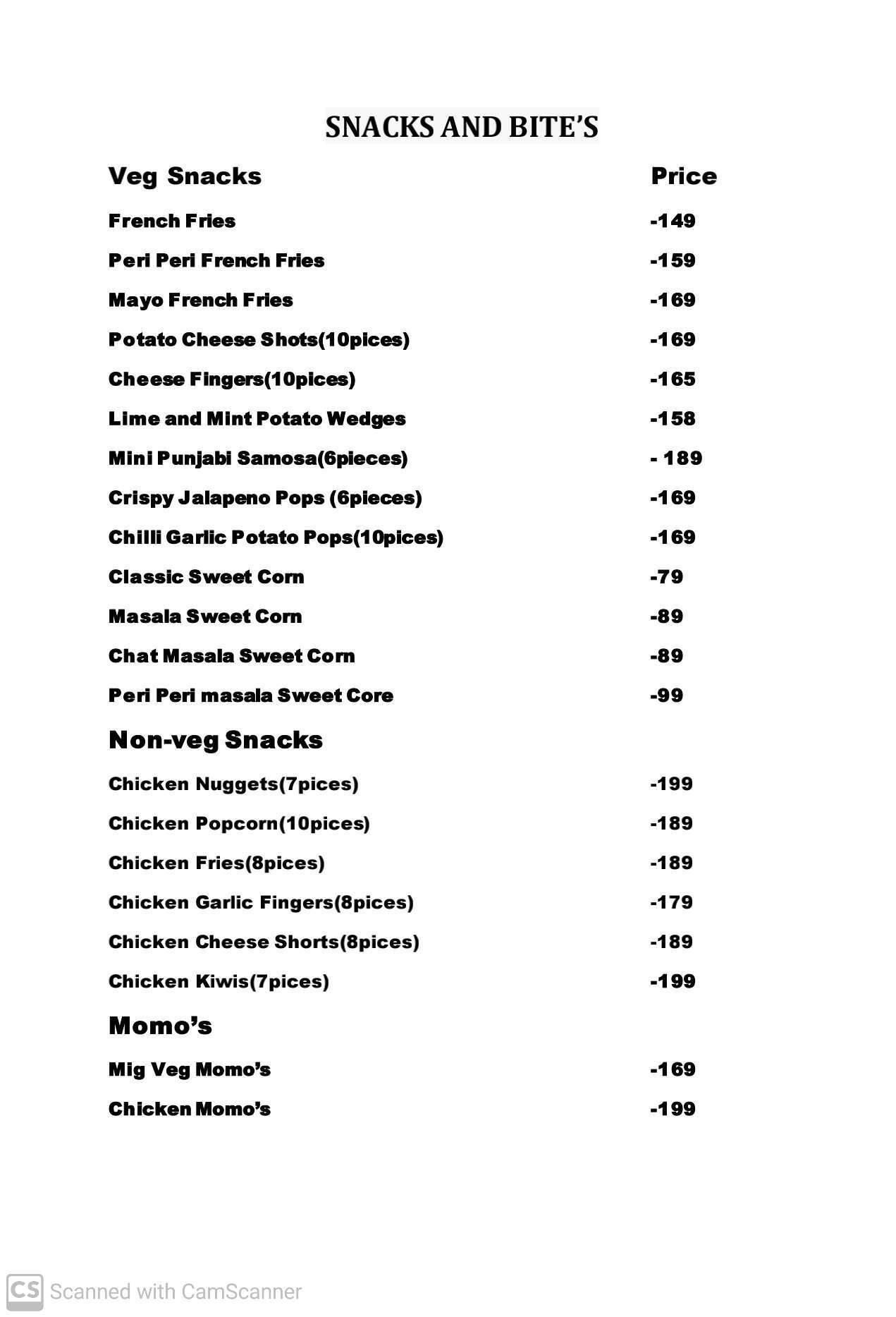 Menu of Snacks And Bite's, Whitefield, Bangalore