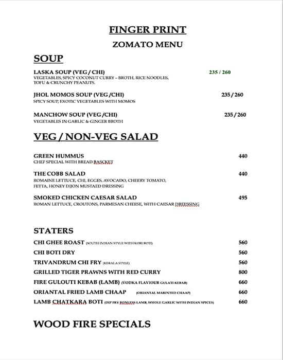 Menu of Fingerprint Kitchen & Bar, Malad West, Mumbai