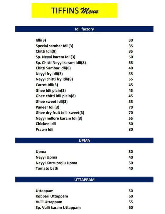 Menu of Sri Anand Bhavan Tiffins & Snacks, Anakapalle Locality, Vizag