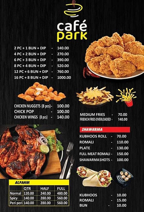 Menu of Cafe Park, Perumbavoor, Kochi