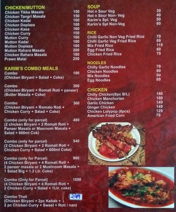 Menu at Karim's, Bhubaneswar
