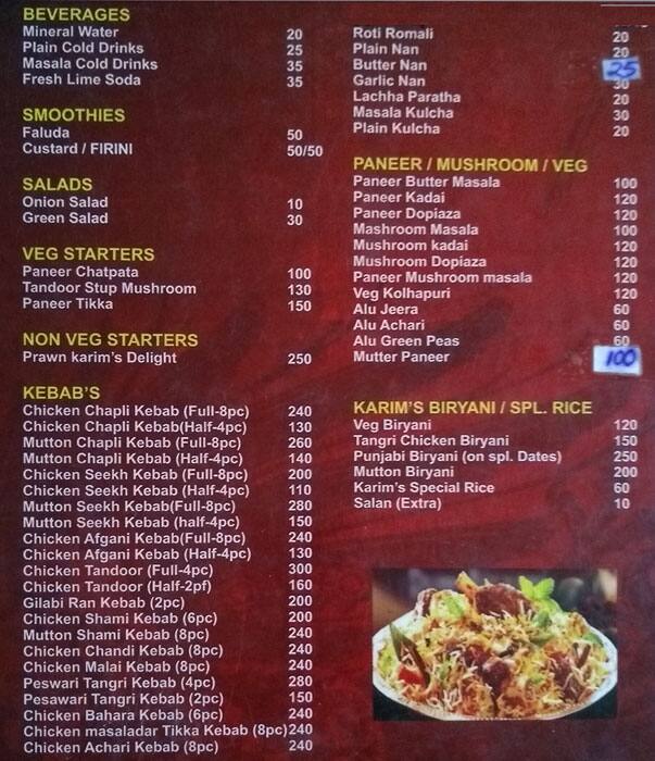 Menu at Karim's, Bhubaneswar