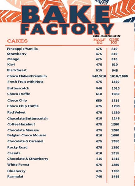 Menu of Bake Factory, Delhi Cantt., New Delhi