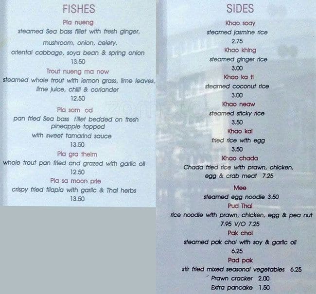 Menu at Chada Thai restaurant, London