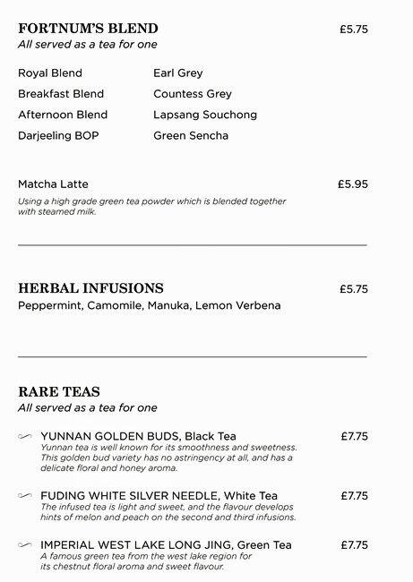 Menu at The Gallery at Fortnum & Mason restaurant, London