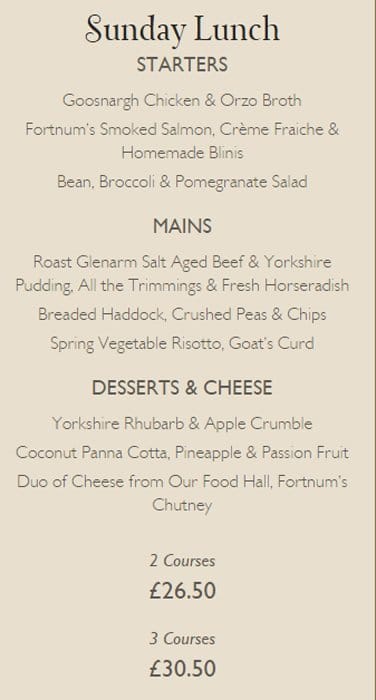 Menu at The Gallery at Fortnum & Mason restaurant, London