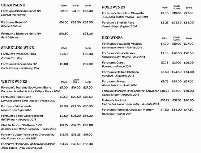 Menu at The Gallery at Fortnum & Mason restaurant, London