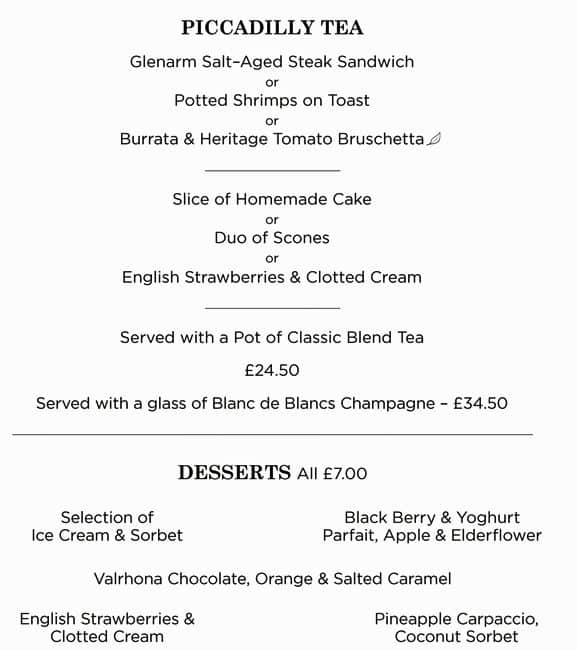 Menu at The Gallery at Fortnum & Mason restaurant, London