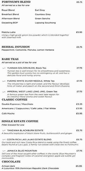 Menu at The Gallery at Fortnum & Mason restaurant, London