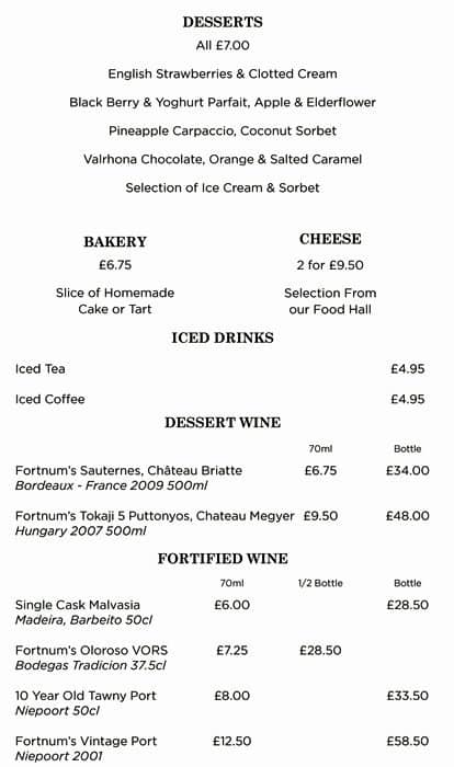 Menu at The Gallery at Fortnum & Mason restaurant, London