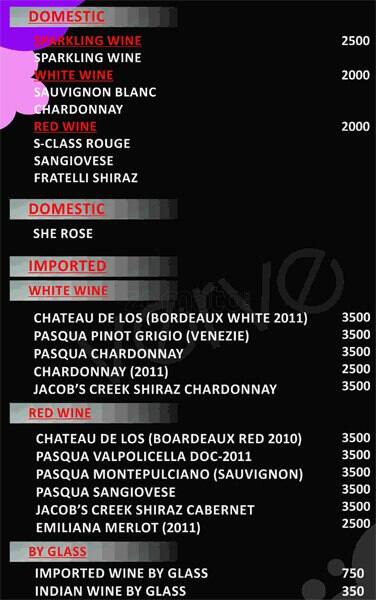 Menu at Verve, New Delhi