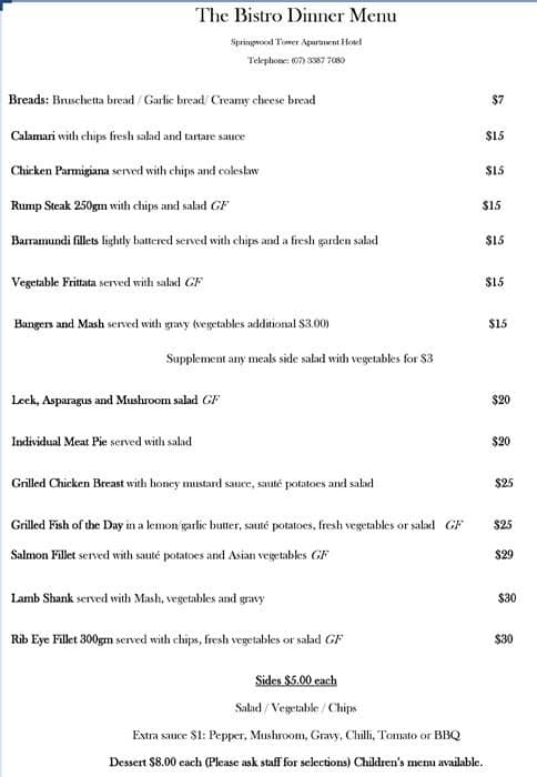 Menu at Springwood Tower Apartment Hotel restaurant, Springwood