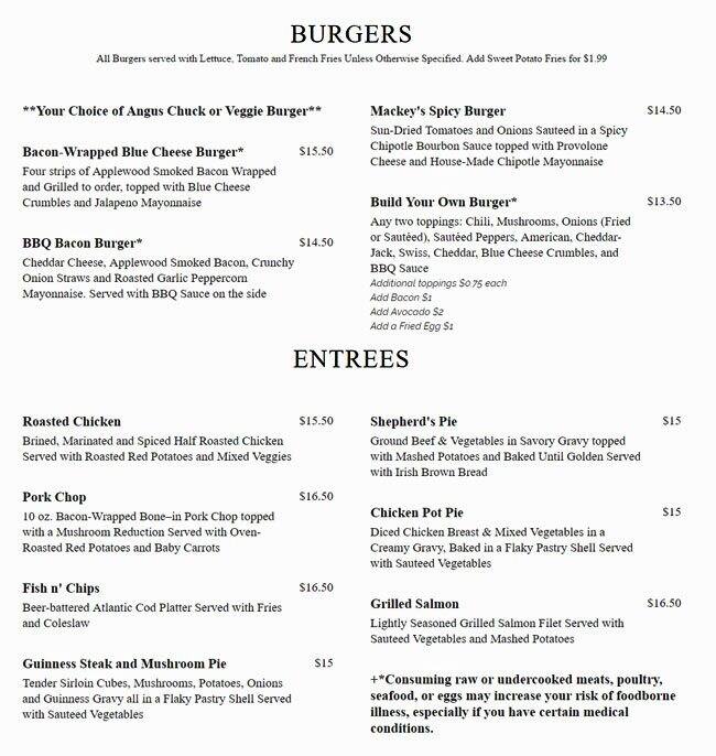 Menu at Mackey's Public House, Washington, G St NW