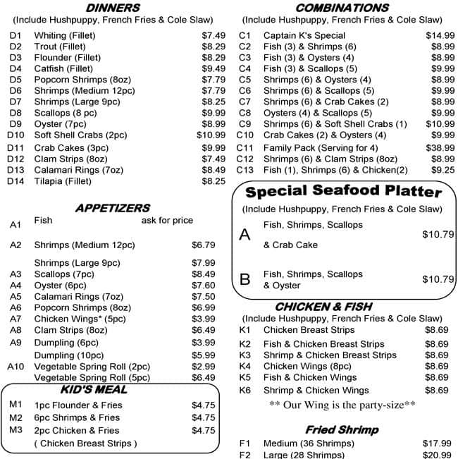 Menu at Captain K restaurant, Virginia Beach, Lynnhaven Pkwy