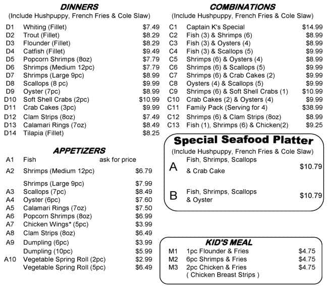 Menu at Captain K restaurant, Virginia Beach, Lynnhaven Pkwy