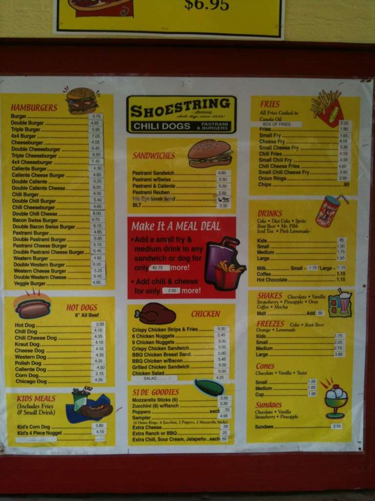 Menu at Shoestring restaurant, Placerville
