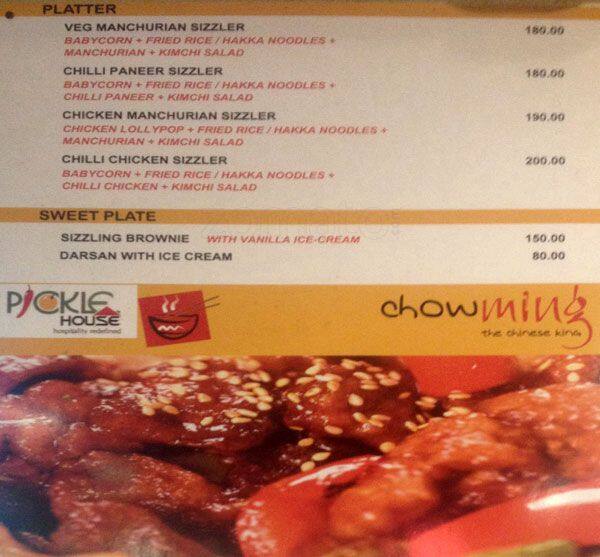 Menu at Chowming, Kolkata