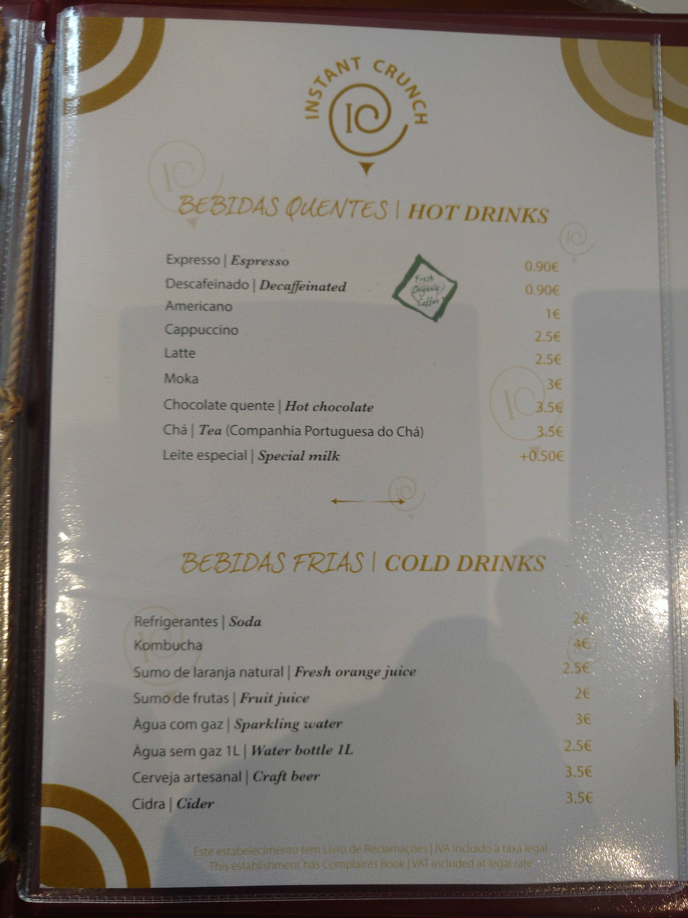 Menu at Instant Crunch pub & bar, Lisbon