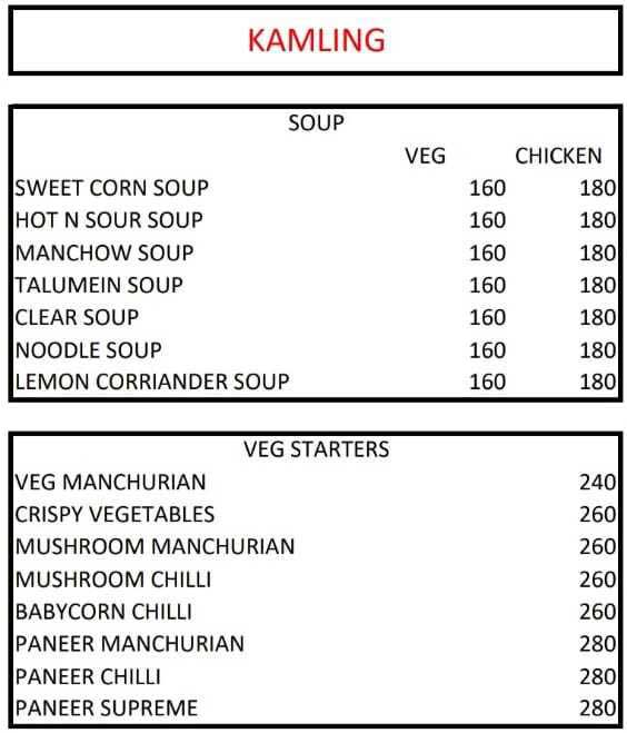 Menu of Kamling, NIBM Road, Pune