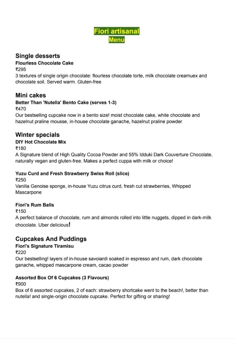 Menu of Fiori Artisanal, Marathahalli, Bangalore