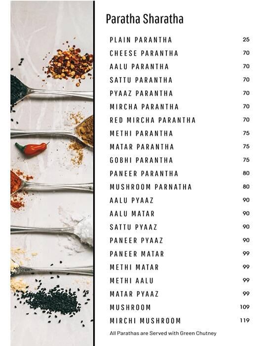 Menu of Parantha Sharantha, Kidwaipuri, Patna