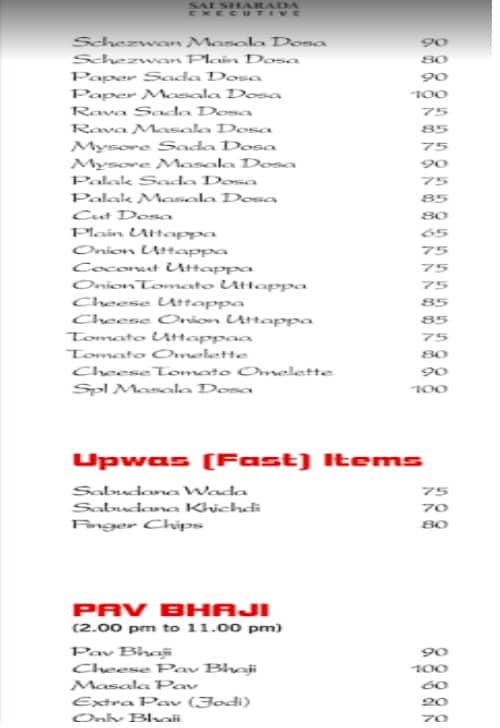 Menu of Hotel Sai Sharada, Chakan, Pune