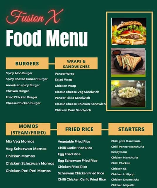 Menu of Fusion X, Kondapur, Hyderabad