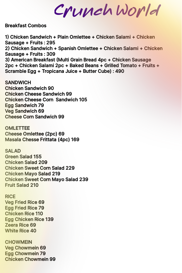 Menu of Crunch World, New Town, Kolkata