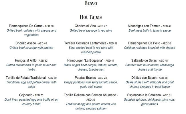 Menu at Bravo Spanish Restaurant, Abu Dhabi, Sheraton Abu Dhabi Hotel ...