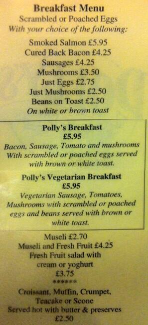 Menu at Polly's cafe, London