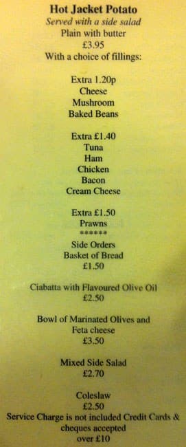 Menu at Polly's cafe, London