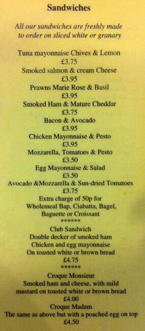 Menu at Polly's cafe, London